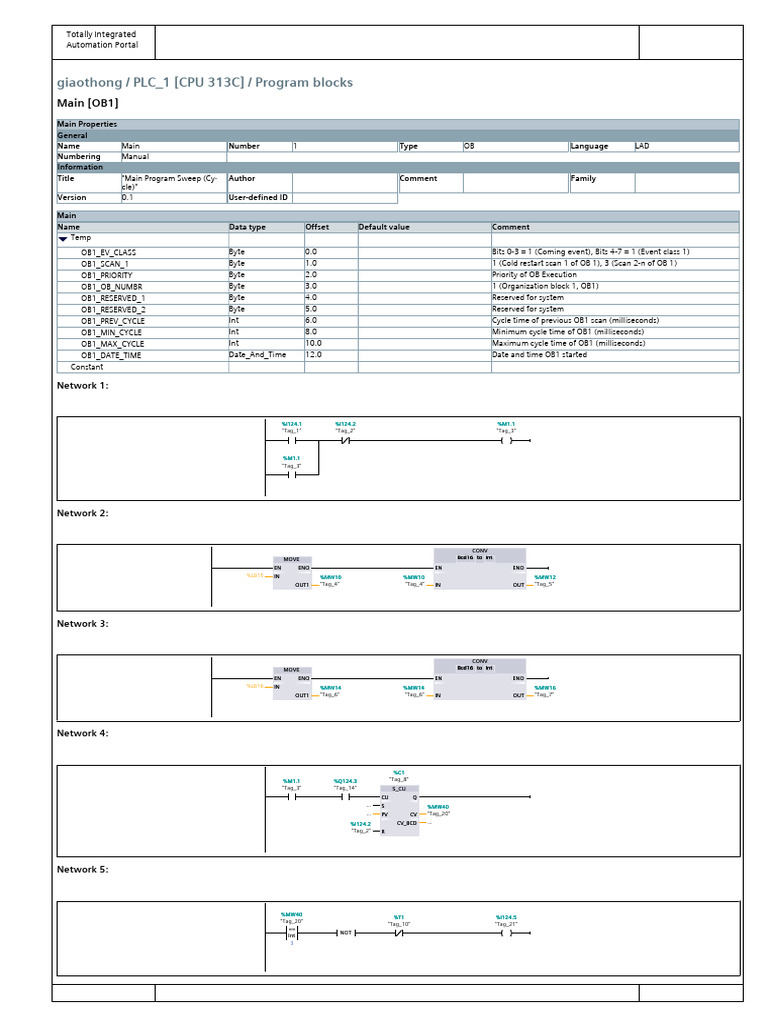Giaothong / PLC - 1 (CPU 313C) / Program Blocks: Main (OB1) | PDF | Computing | Computer Engineering