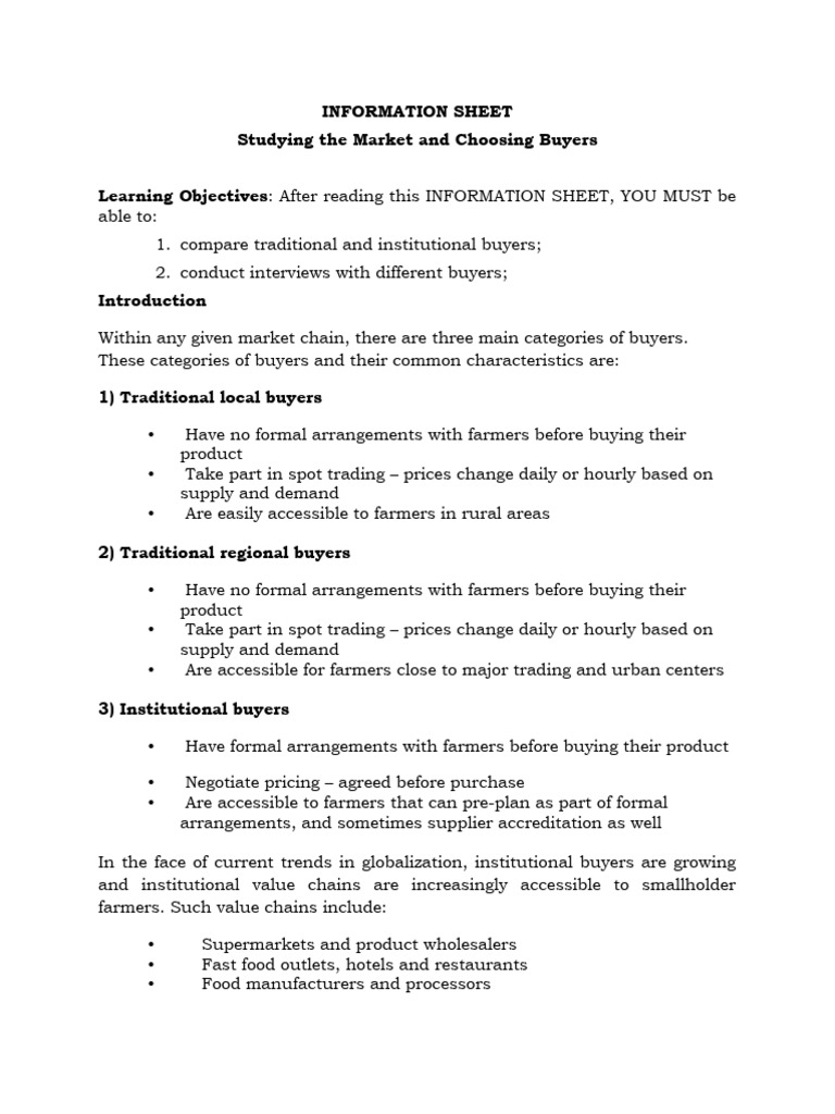 Information Sheet Studying The Market and Choosing Buyers Learning Objectives: After Reading ...