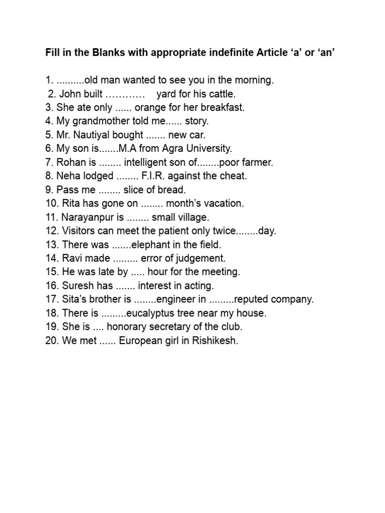 Fill in the Blanks with appropriate indefinite Article ‘a’ or ‘an’ | PDF