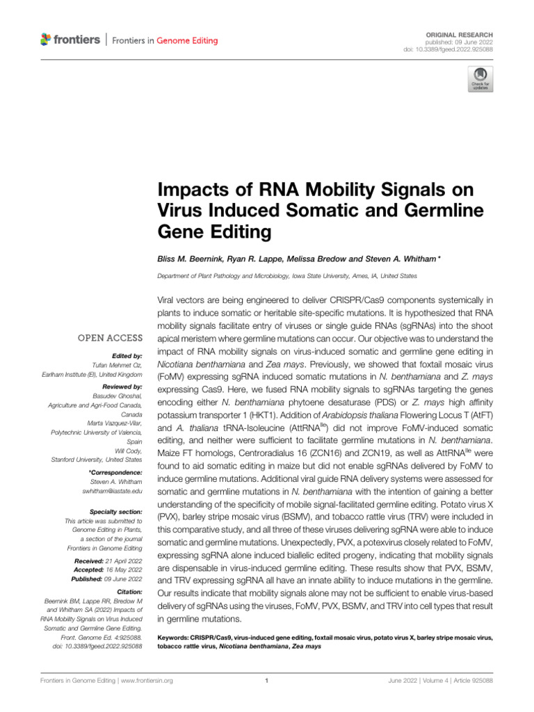 Impacts of RNA Mobility Signals On Virus Induced Somatic and Germline Gene Editing | PDF ...