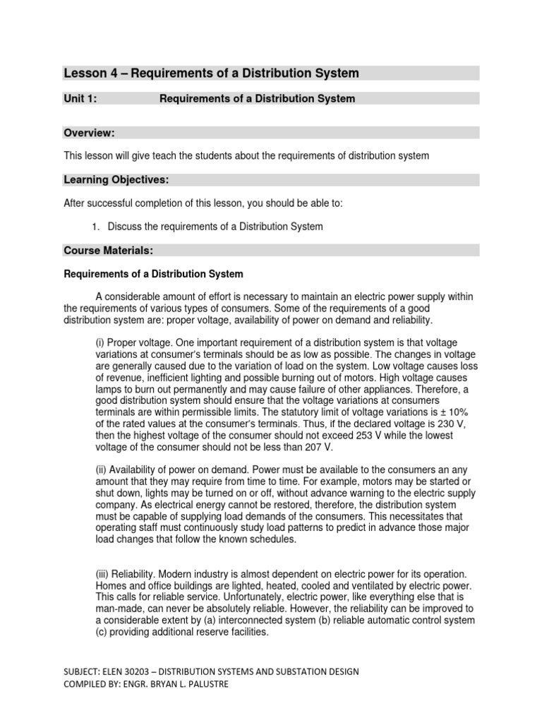 Palustre Elen 30203 Distribution Systems and Substation Design Lesson 4 Sy 2023 2024 | PDF ...