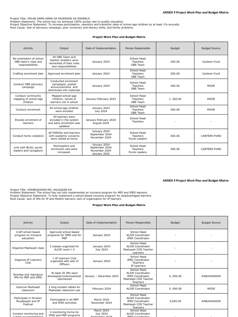 MES Project Work Plan and Budget Matrix | PDF | Learning | Behavior Modification