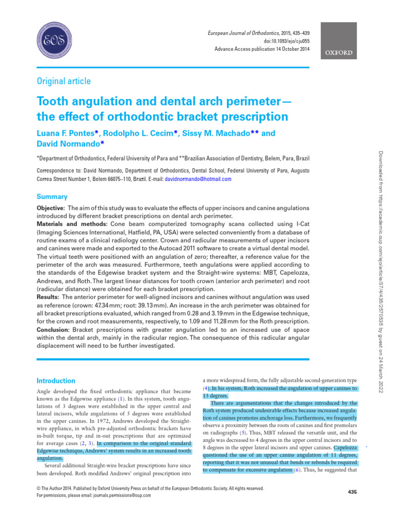 Tooth Angulation and Dental Arch Perimeter | PDF | Orthodontics | Tooth