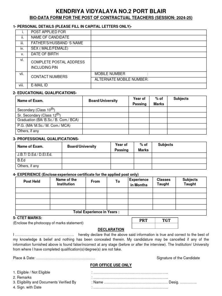Biodata Form For Contractural Teachers | PDF | Qualifications ...