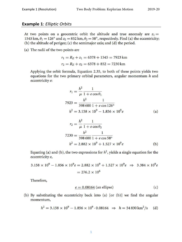 Examples - 1 - Two Body Problem - Keplerian Motion - Solved | PDF | Orbit | Apsis