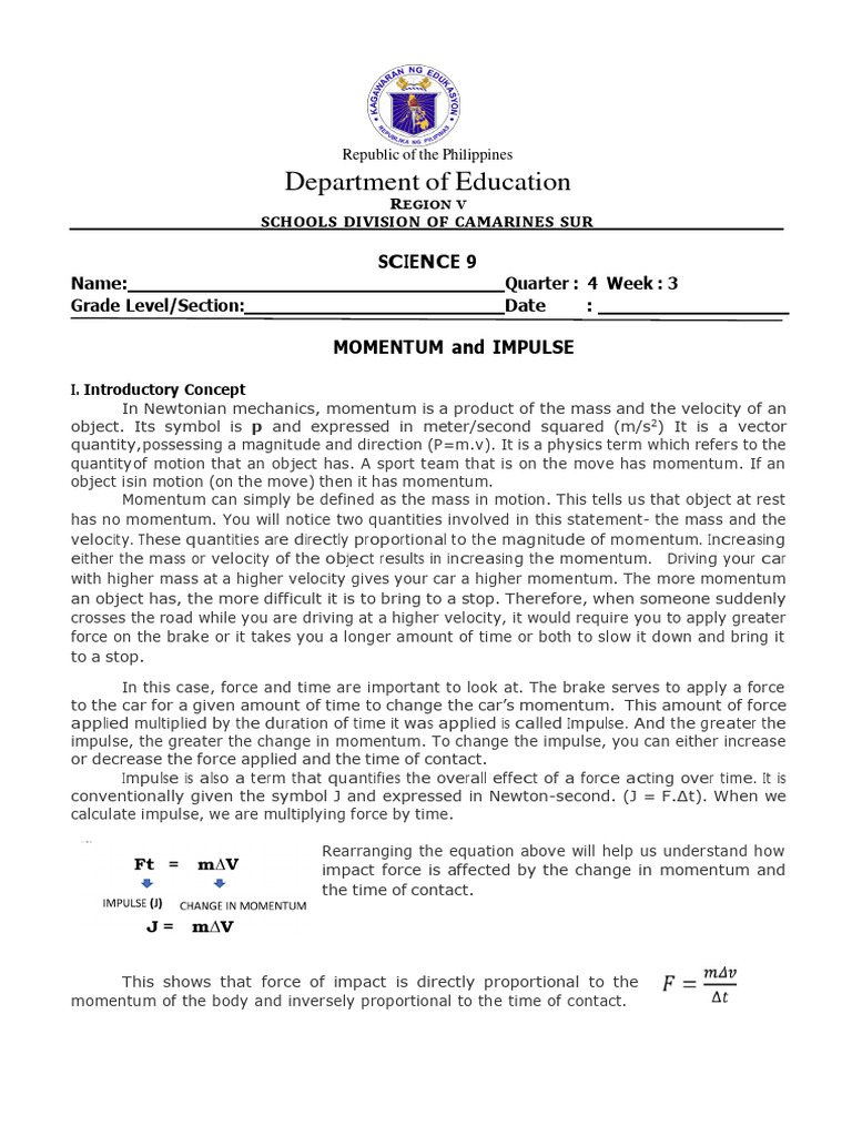 Edited.3 9 S9 LAS Q4 Week 3 Momentum and Impulse Hosana Final | Download Free PDF | Momentum | Force