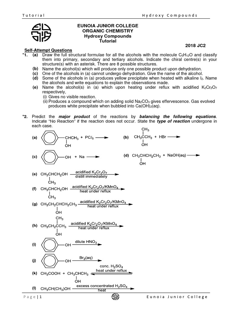 2018 Hydroxy Cpds Tutorial | PDF | Acid | Chemical Reactions