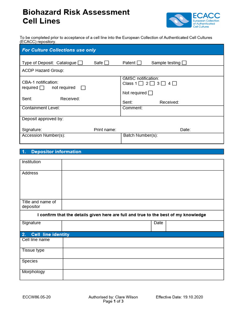 Eccw8605 20 Biohazard Risk Assessment Cell Lines | PDF | Cell Culture ...