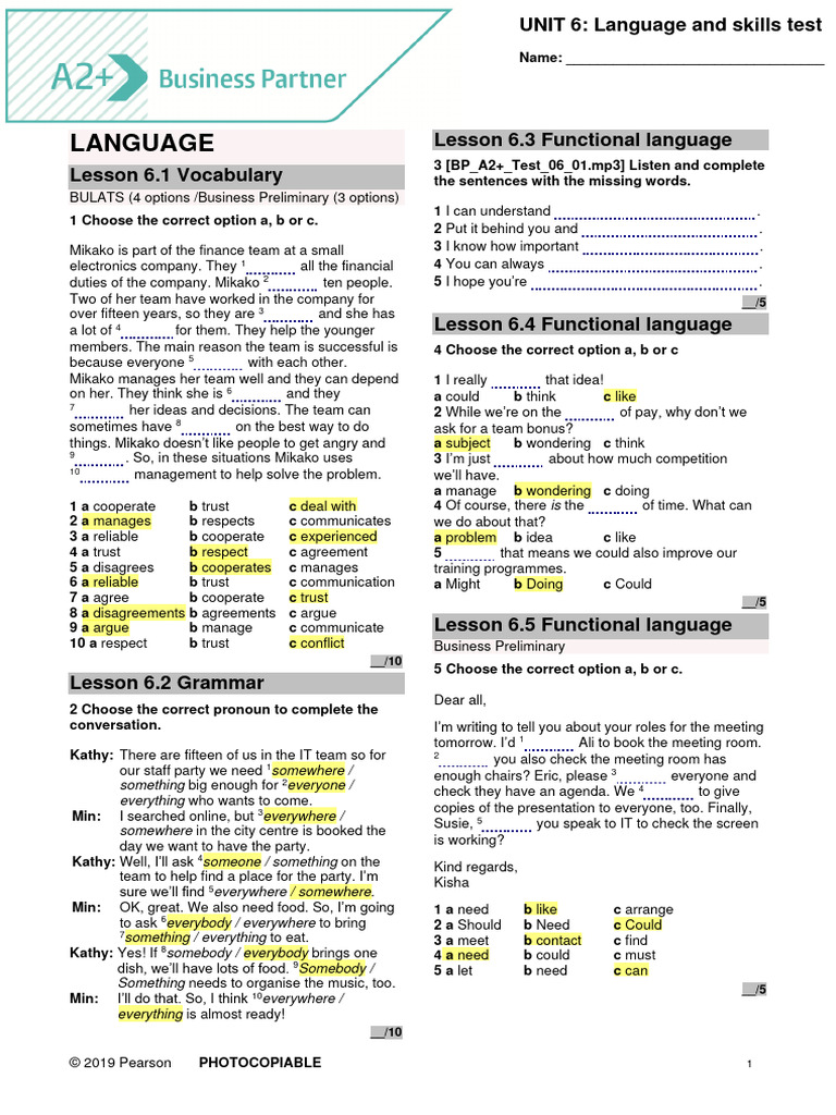 BP A2+ Tests Unit6 | PDF