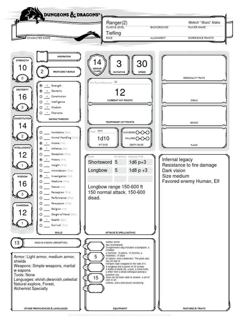 DD Character Sheet 5e Fillable | PDF