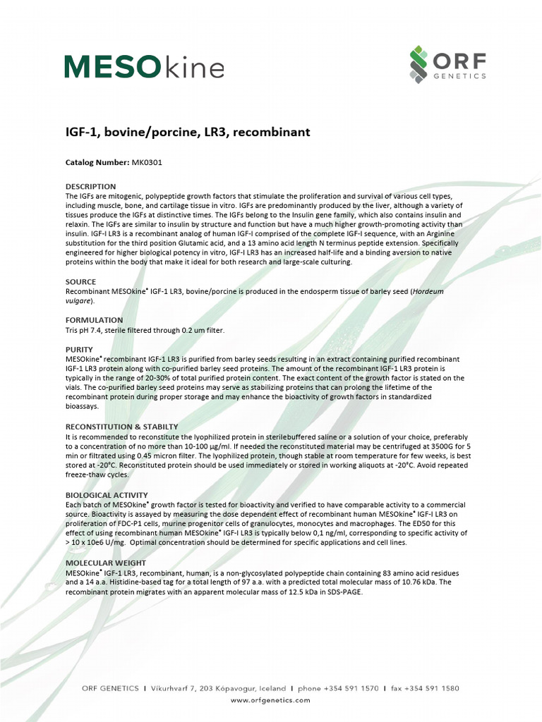 MK IGF-1 Bovine, Porcine Data Sheet | PDF | Insulin Like Growth Factor 1 | Proteins