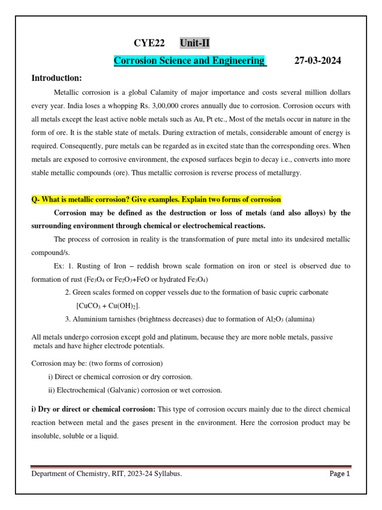 Unit-2. Corrosion Science and Engineering - 2023 | PDF | Corrosion | Anode