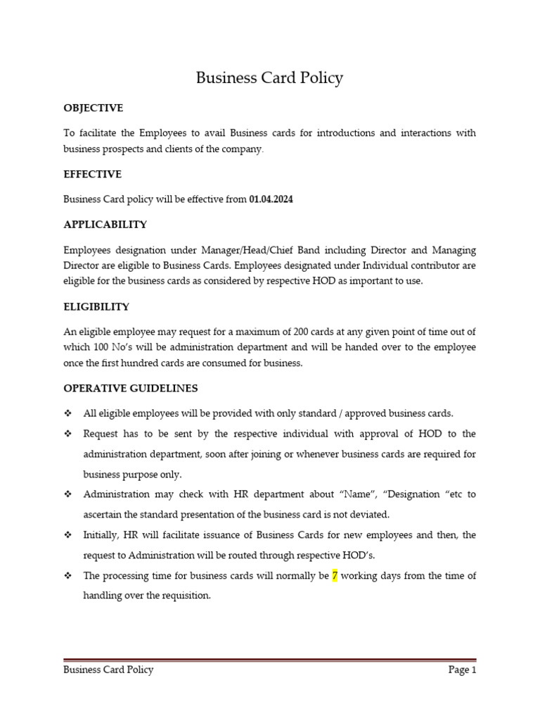 Business Card Policy | PDF