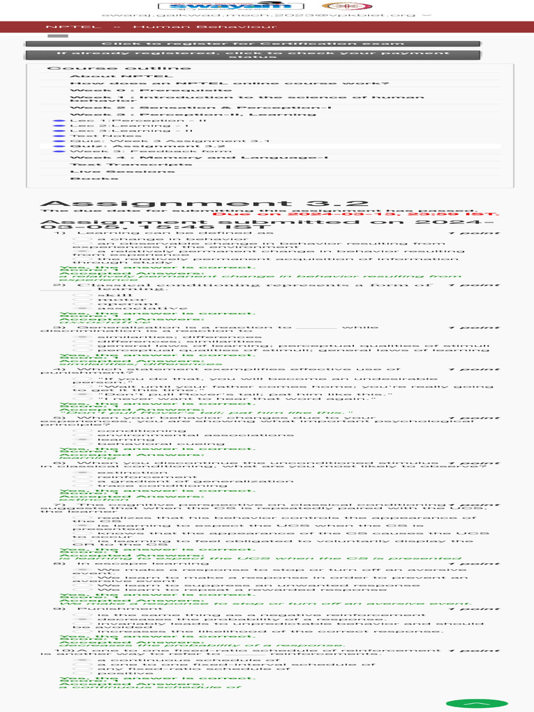 Assignment 3.2: Assignment Submitted On 2024-03-05, 15:46 IST | PDF | Classical Conditioning ...