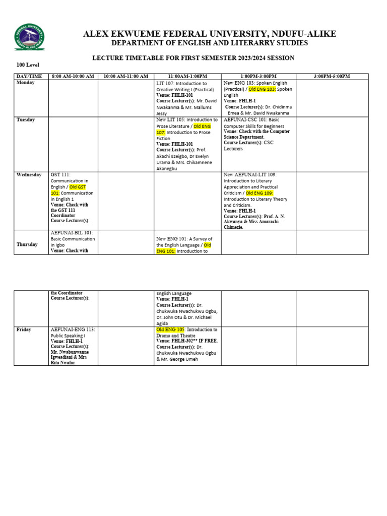 ELS 2023-2024 100 Level First Semester Lecture Time Table | PDF | Human Communication | Writing