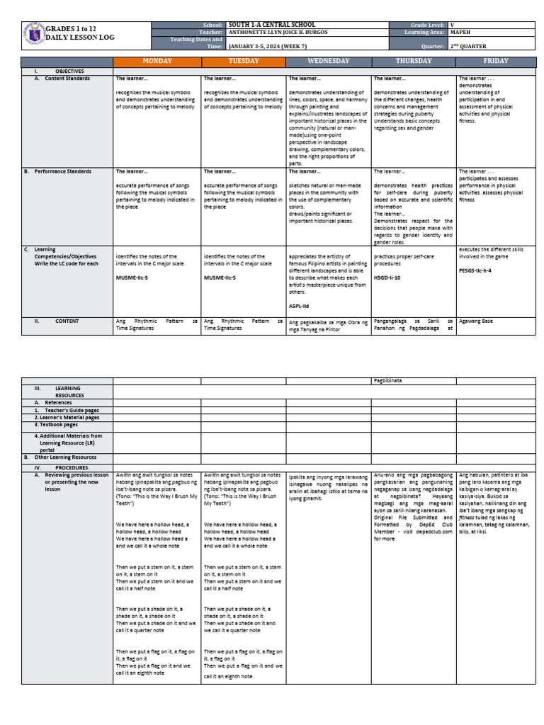 DLL - Mapeh 5 - Q2 - W7 | PDF | Differentiated Instruction | Learning