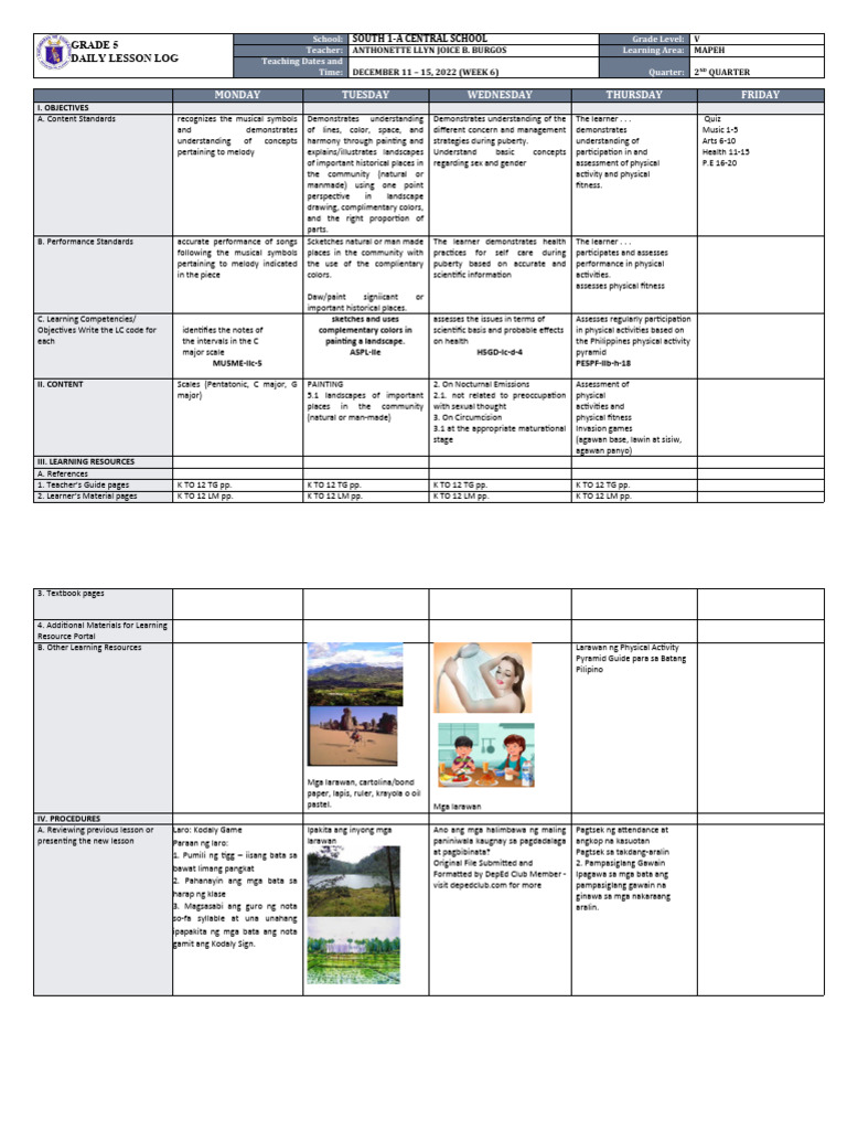 DLL - Mapeh 5 - Q2 - W6 | PDF | Learning | Differentiated Instruction