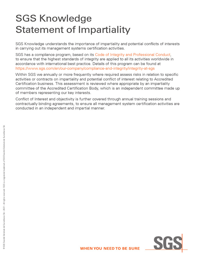 Sgs Statement of Impartiality en | PDF | Certification | Business