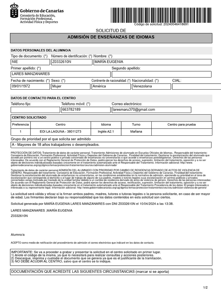 Solicitud Admisión Idiomas EOI | PDF | Documento de identidad | Desarrollo profesional