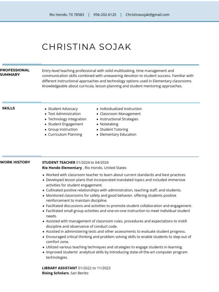 Christina Sojak Resume 1 | PDF | Teachers | Libraries