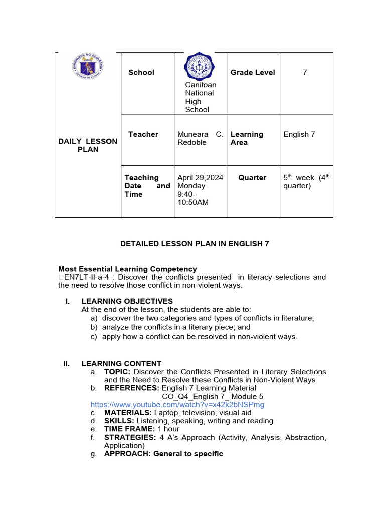 English 7 Lesson Plan: Literary Conflicts | PDF | Lesson Plan