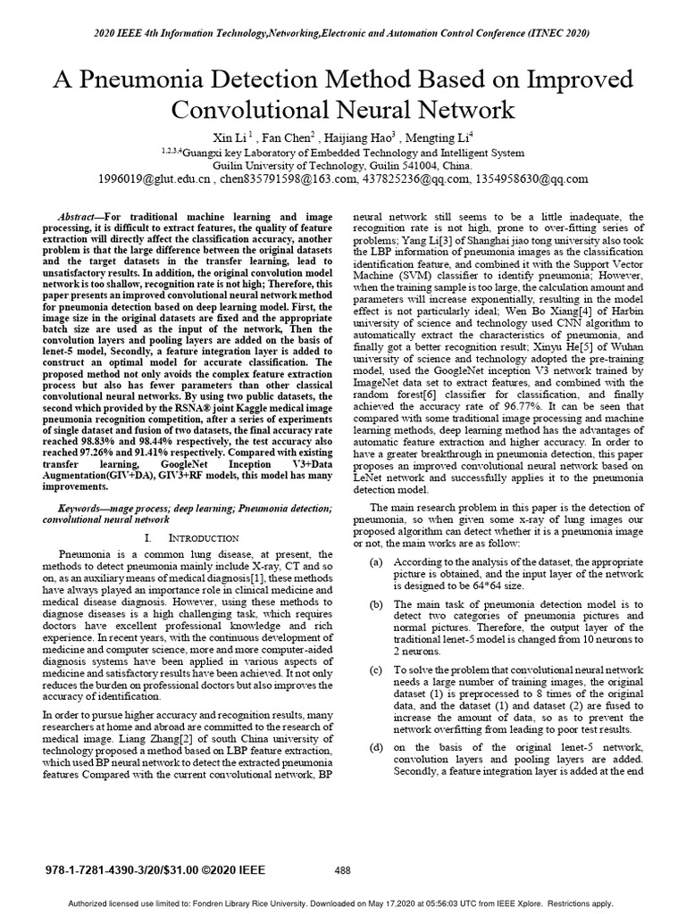 A Pneumonia Detection Method Based On Improved Pdf Artificial Neural Network Machine Learning