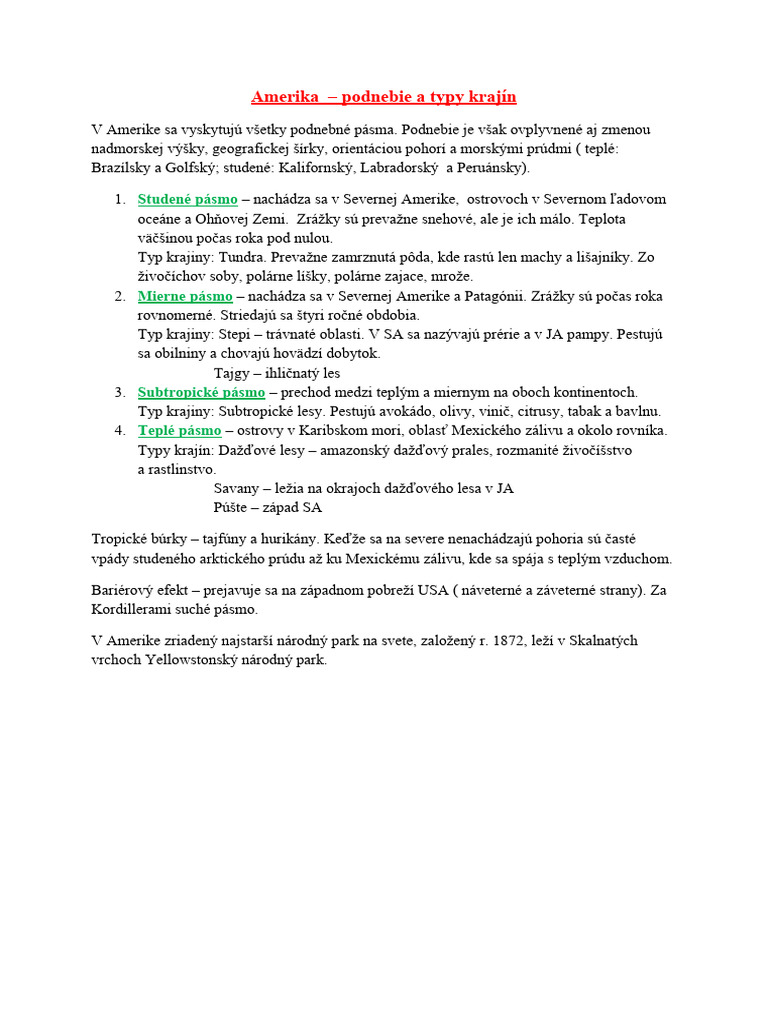 Podnebie A Typy Krajín Amerika | PDF
