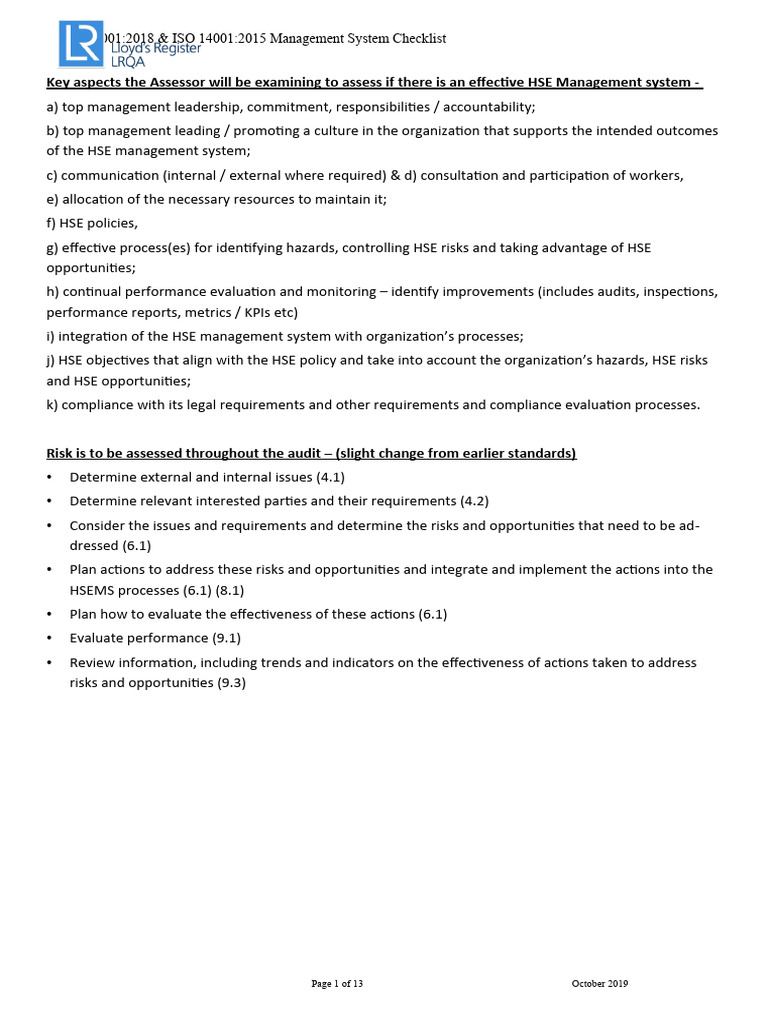 ISO 45001 14001 Stage 1 Checklist | PDF | Audit | Risk