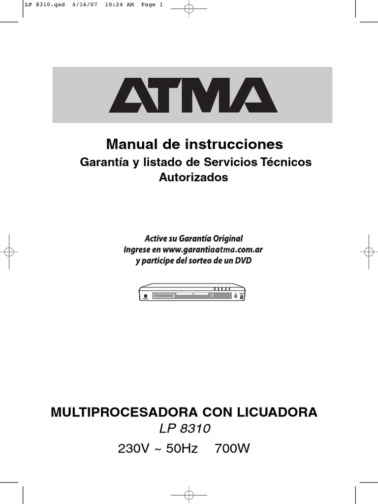 Manual de Uso Multiprocesadora LP 8310 | PDF | Lavavajillas | Enchufes y tomas de corriente alterna