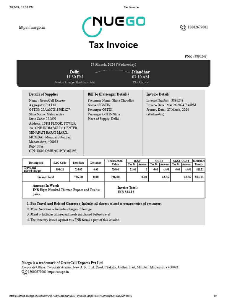 Tax Invoice: Delhi Jalandhar | Download Free PDF | Invoice | Economy Of ...