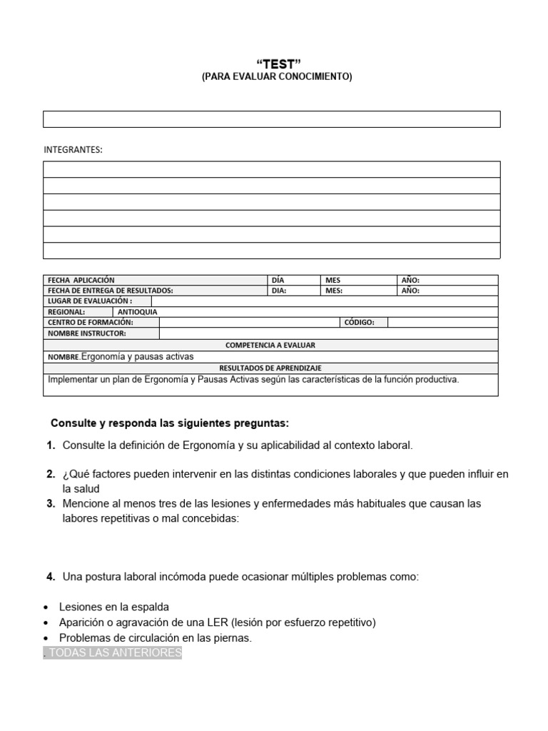 Test Conocimiento - Ergonomía (1) Wilmer | PDF | Factores humanos y ...