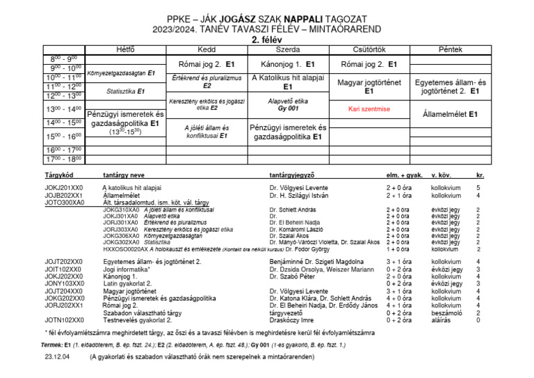 Ppke - Ják Jogász Szak Nappali Tagozat 2023/2024 - Tanév Tavaszi Félév - Mintaórarend | PDF