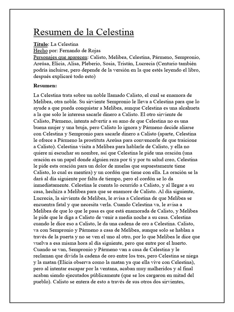 Resumen de "La Celestina", de Fernando de Rojas | PDF