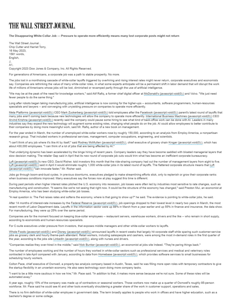 Cutter & Torry (2023) - "The Disappearing White-Collar Job | PDF ...