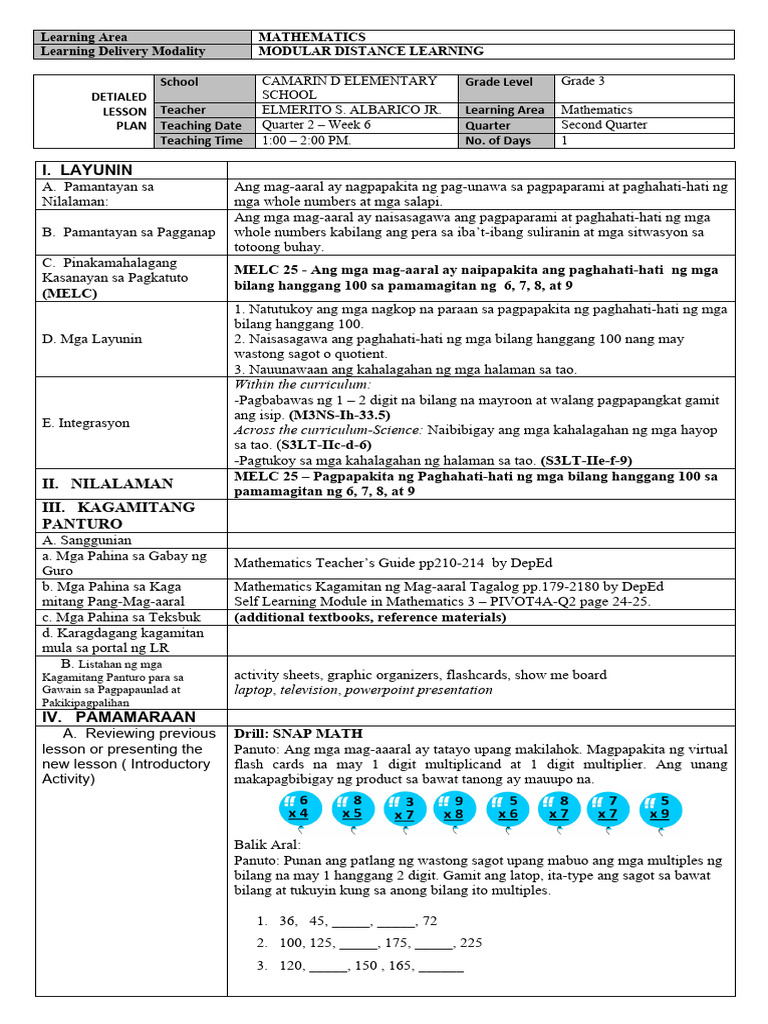 Cot 1 DLP - Lesson Plan - Pagpapakita NG Paghahati-Hati NG Mga Bilang Hanggang 100 Gamit Ang 6 ...