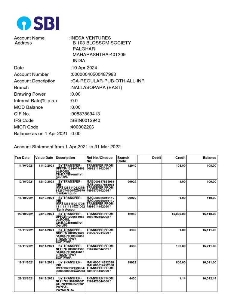 Bank Statement 21-22 | PDF | Payments | Banking Technology
