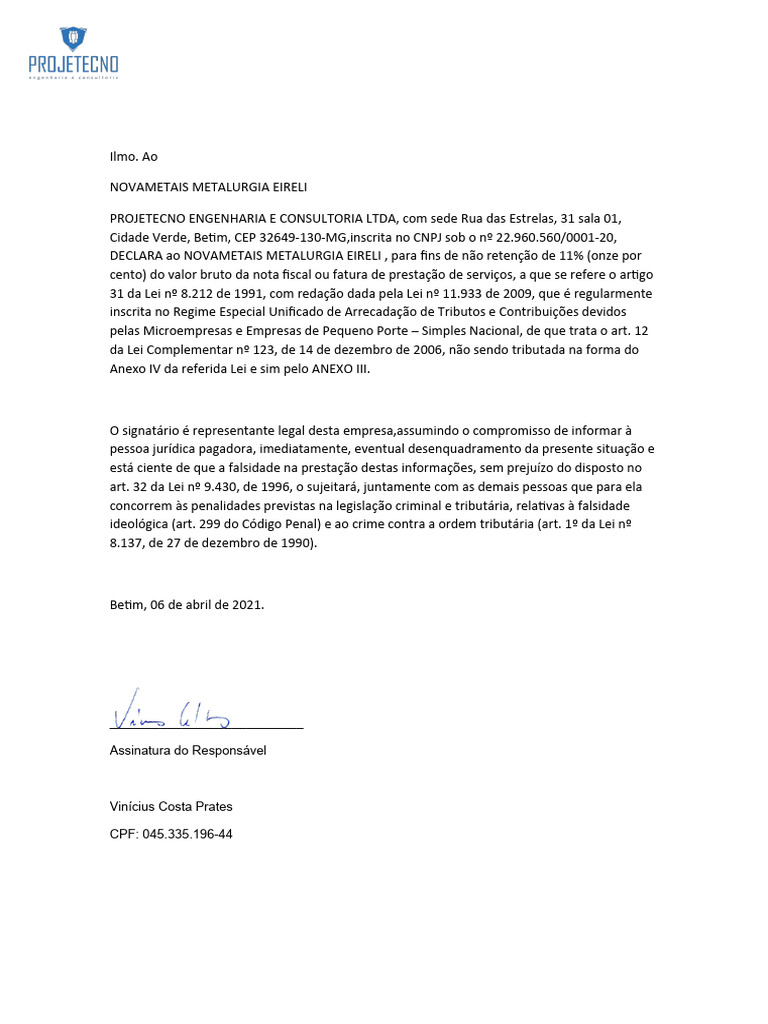 MODELO - Declaração de Não Retenção de Inss | PDF