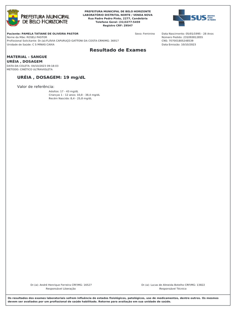 Resultado de Exames: Uréia, Dosagem: 19 MG/DL | PDF