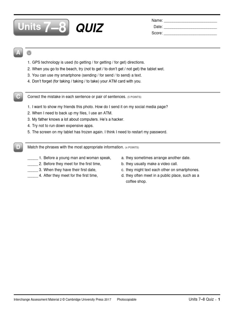 Interchange 2 Quiz Unit 7-8 | PDF | Computer Science | Cyberspace