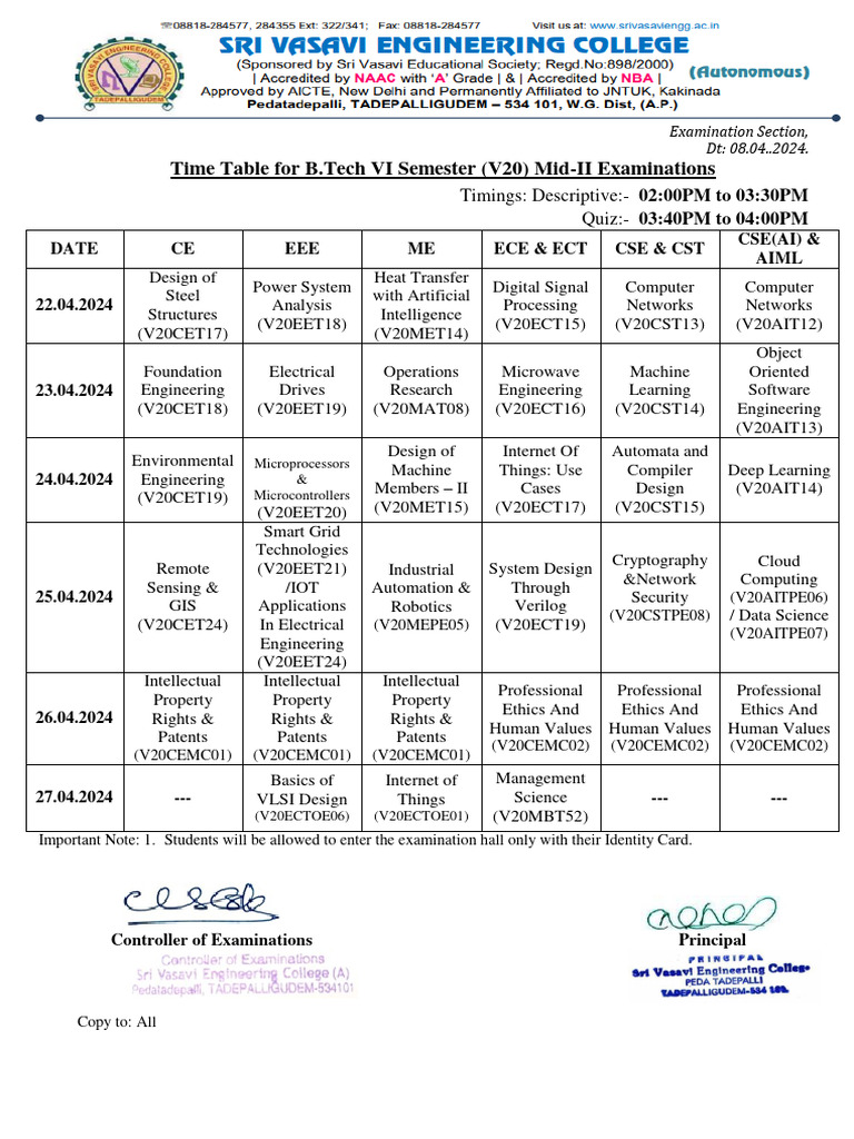 Apr 24B.techVISem (V20) Mid-II Examination Time Table | PDF ...