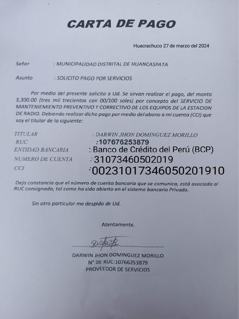 Carta de Pago Huacaspata Muni | PDF