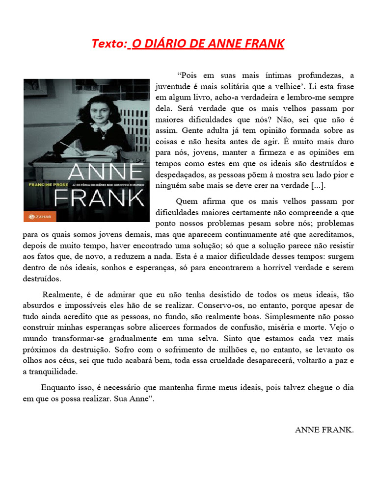 Diario de Anne Frank Atividade e Texto | PDF | Verdade | Tempo