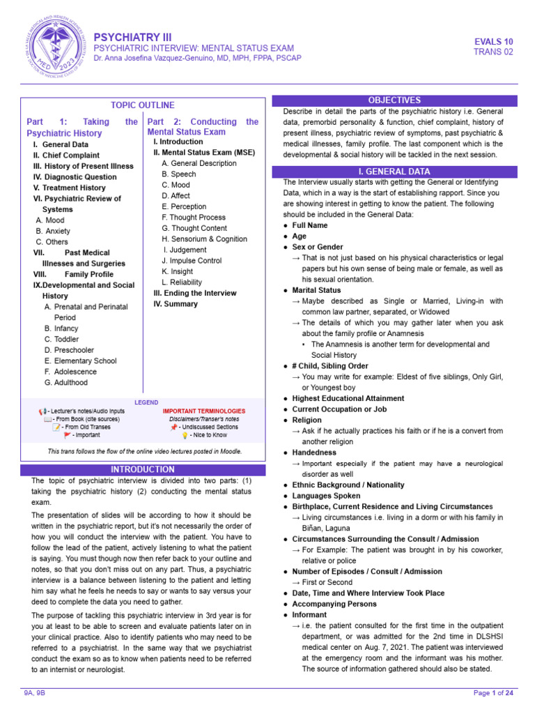 10.2 PSYCH III Psychiatric Interview Mental Status Exam | PDF | Mental ...