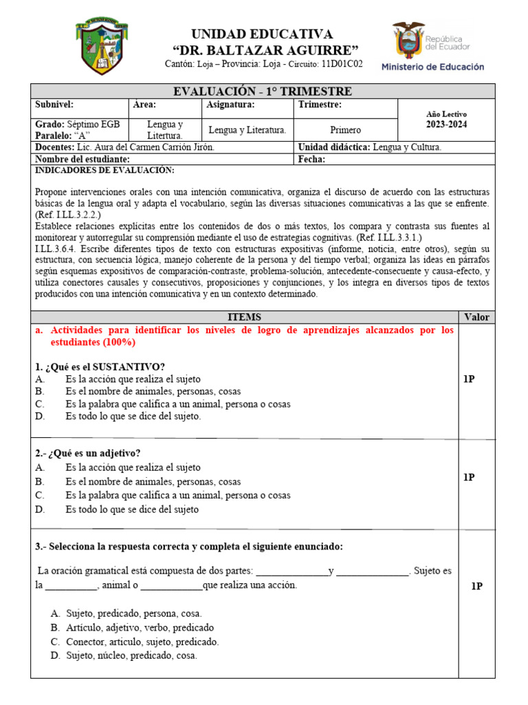 EVALUACION PRIMER TRIMESTRE 7mo QUINARA - LENGUA Y LITERATURA. | PDF | Evaluación | Predicado ...