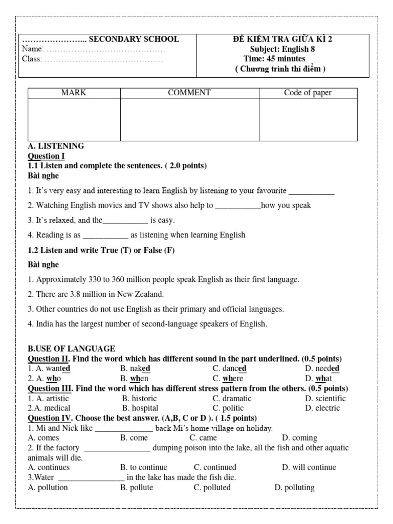 English 8 Midterm Exam Paper | PDF | Pollution | Water Pollution