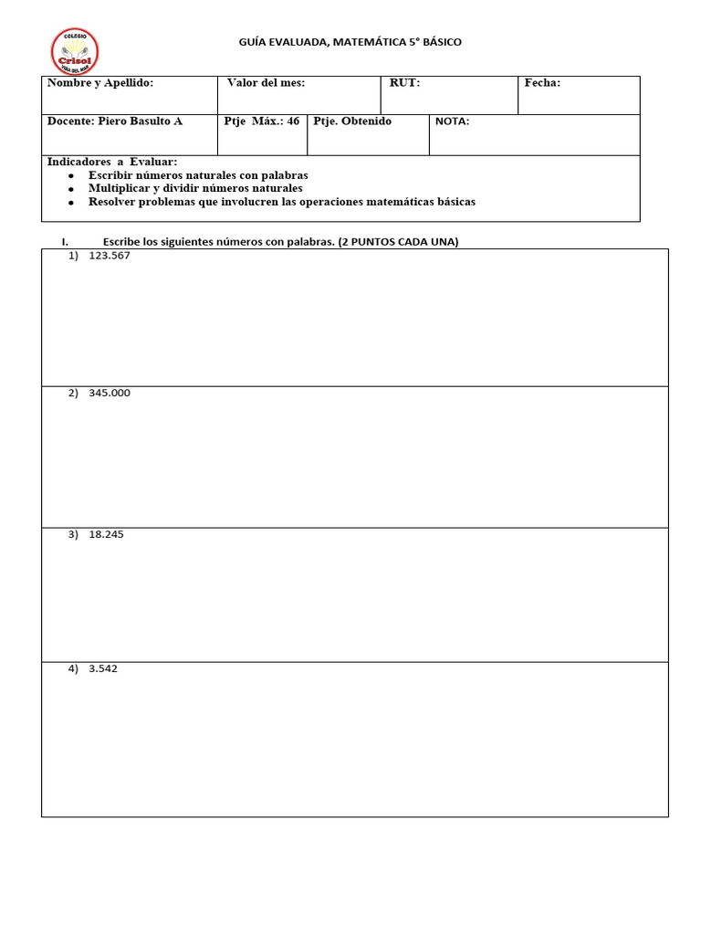 1 Guía Evaluada Diagnostico Quinto Básico | PDF