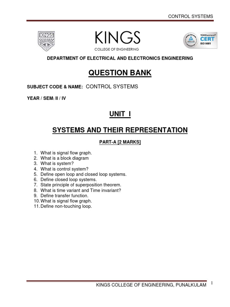 Control Systems Question Bank-1 | PDF | Control Theory | Feedback