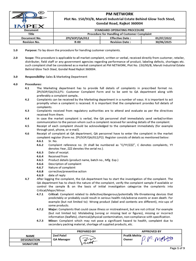 SOP For Complaint Handling | PDF | Technology & Engineering