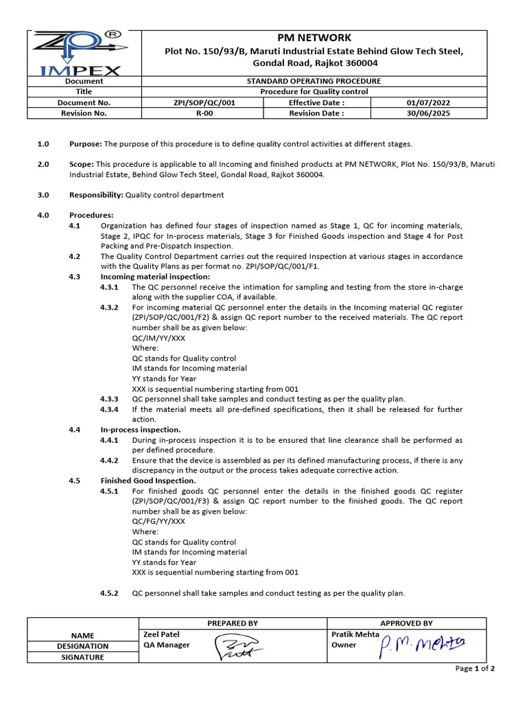 SOP For Quality Control | Download Free PDF | Quality | Business Process