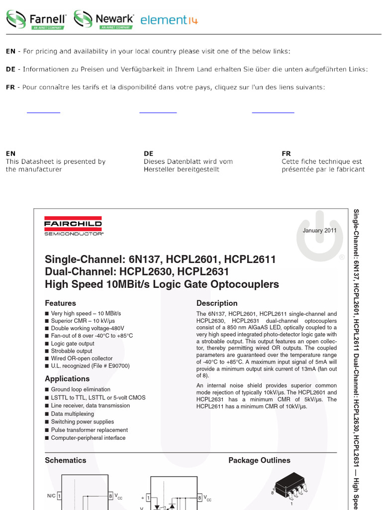 HCPL2630 HCPL2631V HCPL2601SD | PDF | Logic Gate | Electricity